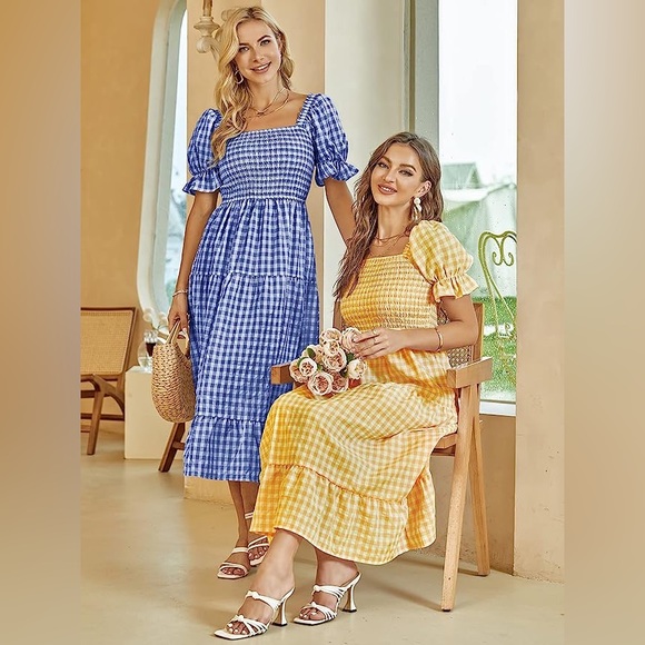 Merokeety | Dresses | Merokeety Womens Plaid Square Neck Ruffle Puff ...